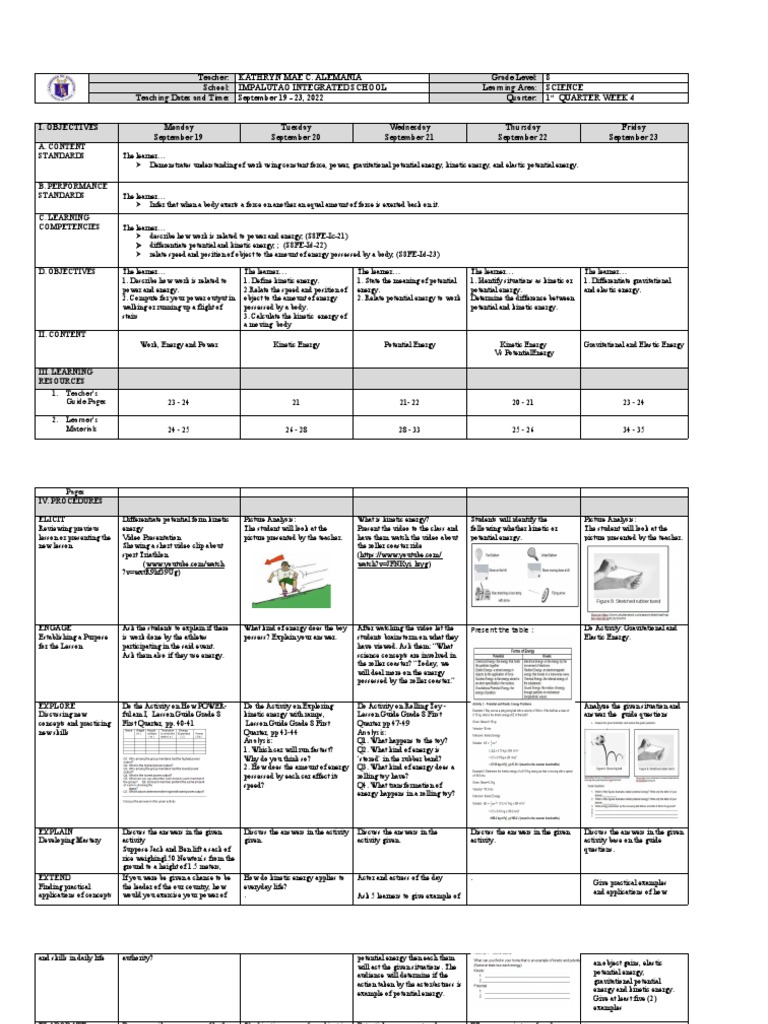 Science 8 LESSON PLAN - Week 4 | PDF | Potential Energy | Physical Quantities