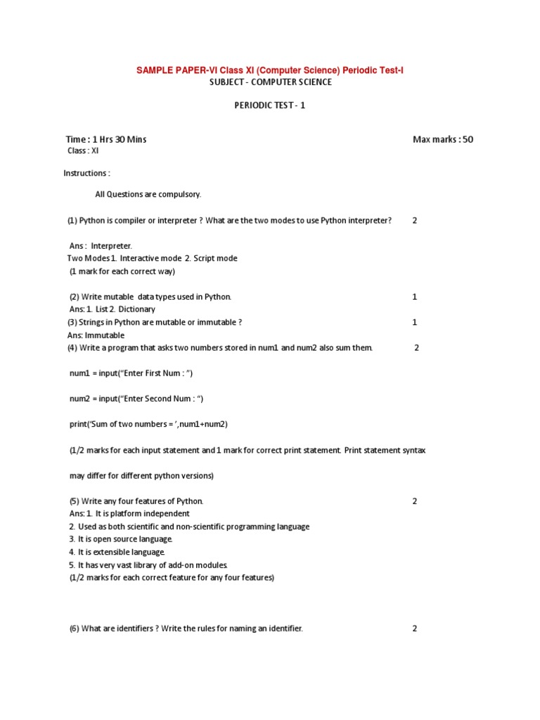 SAMPLE PAPER-VI Class XI (Computer Science) Periodic Test-I | PDF ...