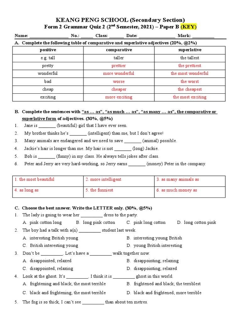 F2 Grammar Quiz 2 (2nd Semester, 2021) Paper B (KEY) | PDF | Linguistics