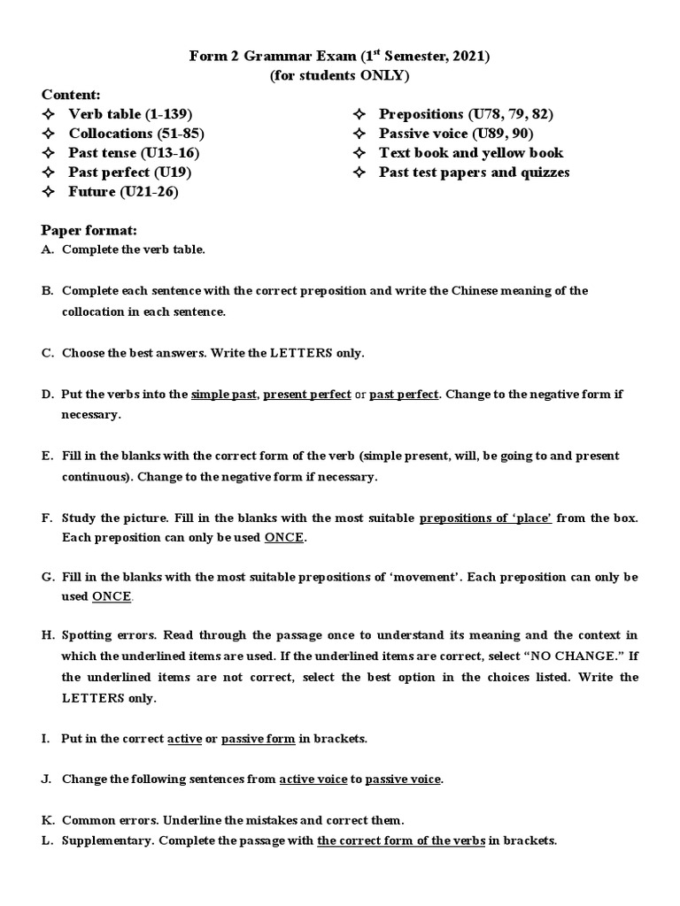 F2 Gram Exam Coverage - For Students ONLY (1st Sem, 2021) | PDF
