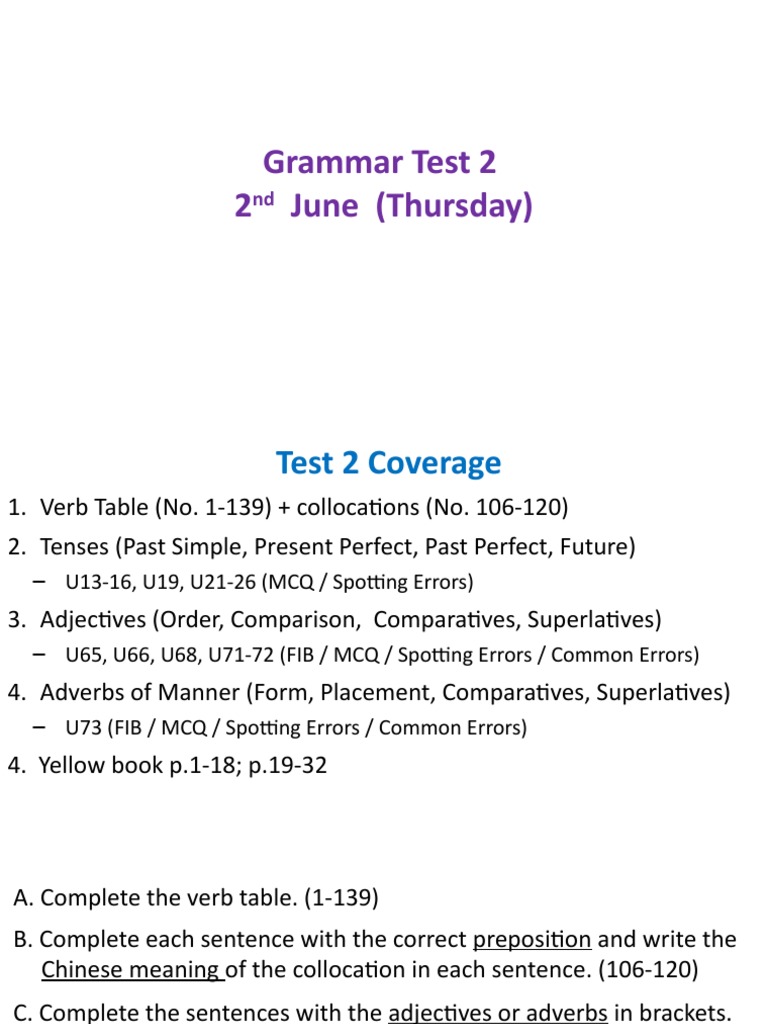 F2 Grammar Test 2 Revision (2nd Semester, 2021) | PDF