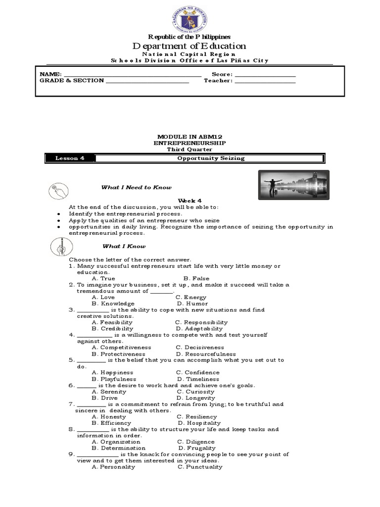 G12 Q1 Abm Entrep M 4 | PDF | Innovation | Entrepreneurship