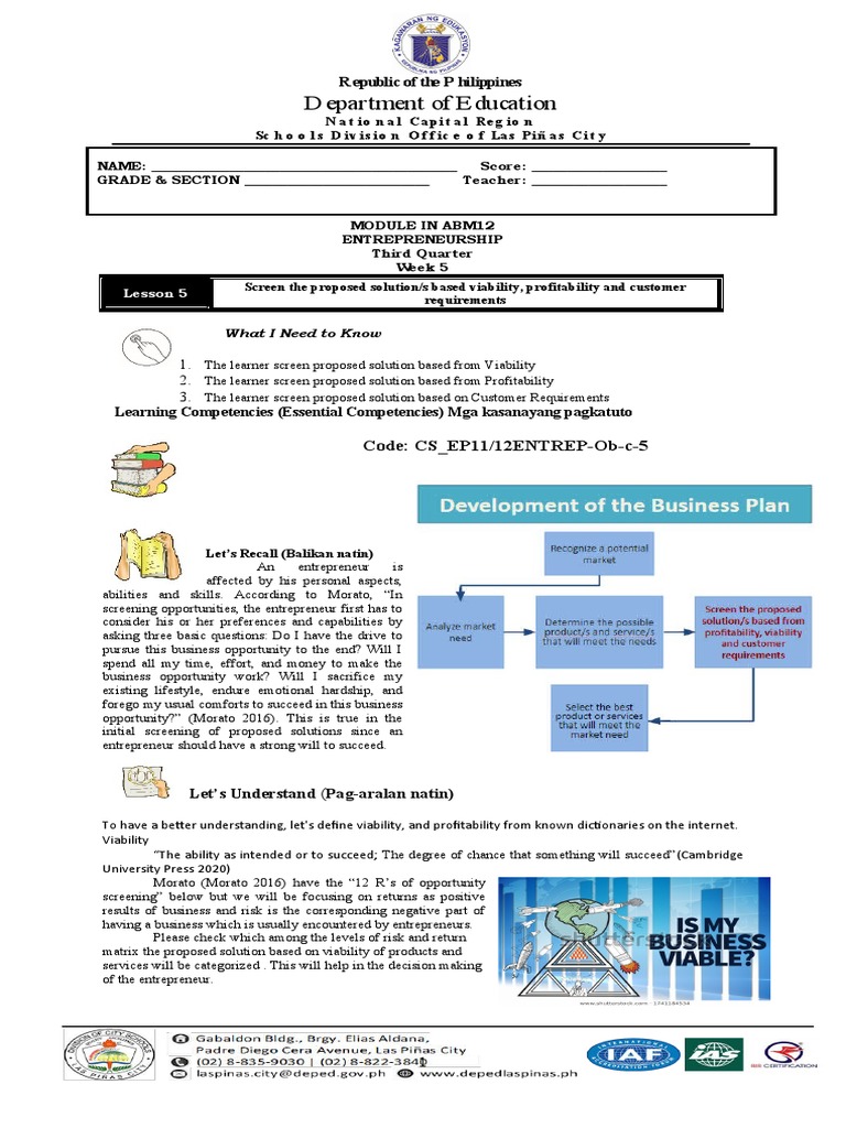G12 Q1 ABM Entrep M 5 | PDF | Equity (Finance) | Balance Sheet