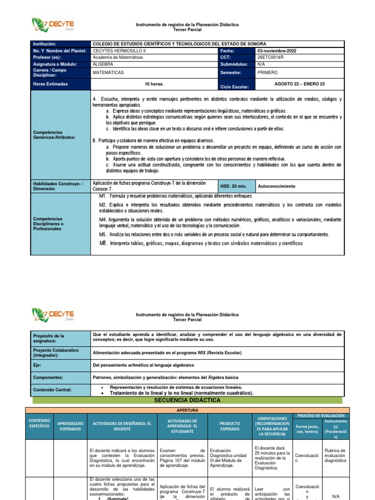 Álgebra Planeación Parcial 3 | PDF | Ecuaciones | Evaluación