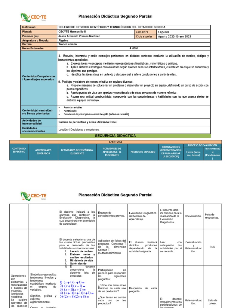 Álgebra Planeación 2P. Mtro. Viveros | PDF | Factorización | Prueba (evaluación)