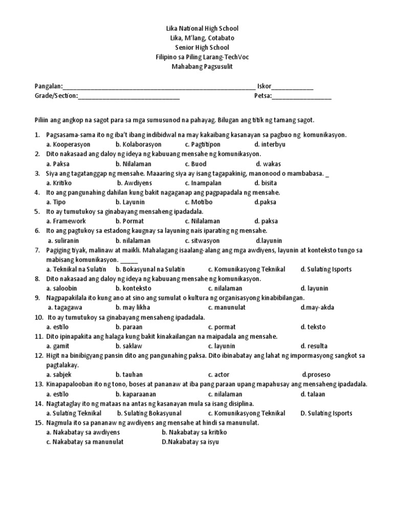 Filipino Sa Piling Larang Unang Mahabang Pagsusulit | PDF