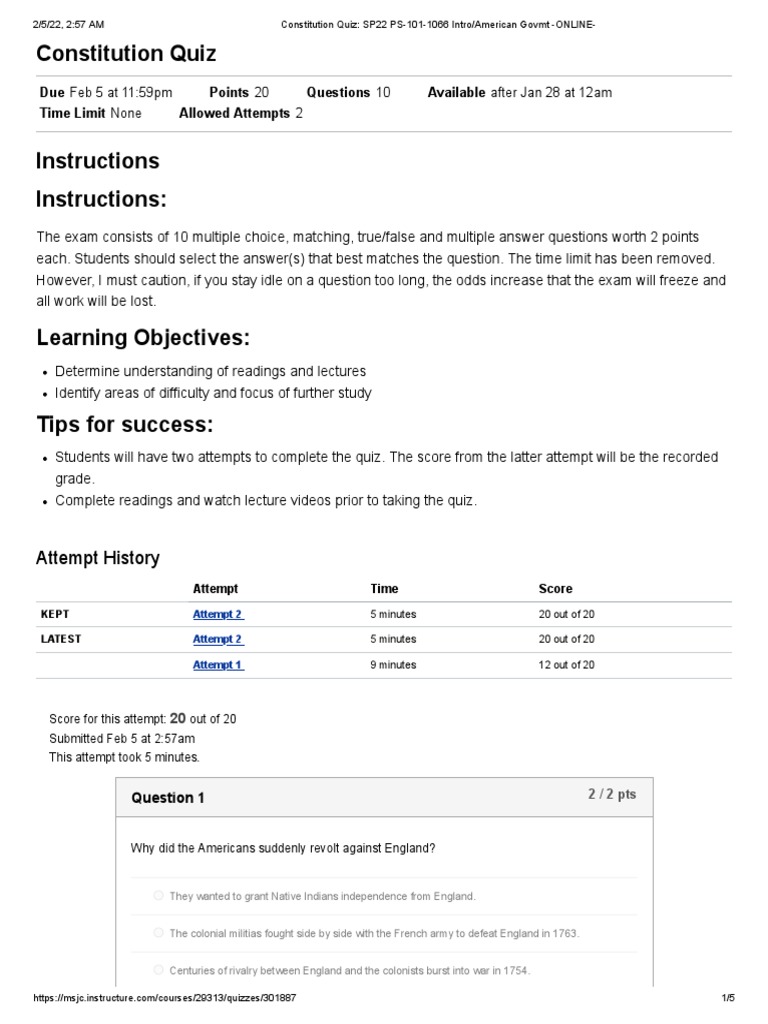 Unit 1.2 - Constitution Quiz - SP22 PS-101-1066 Intro - American Govmt ...