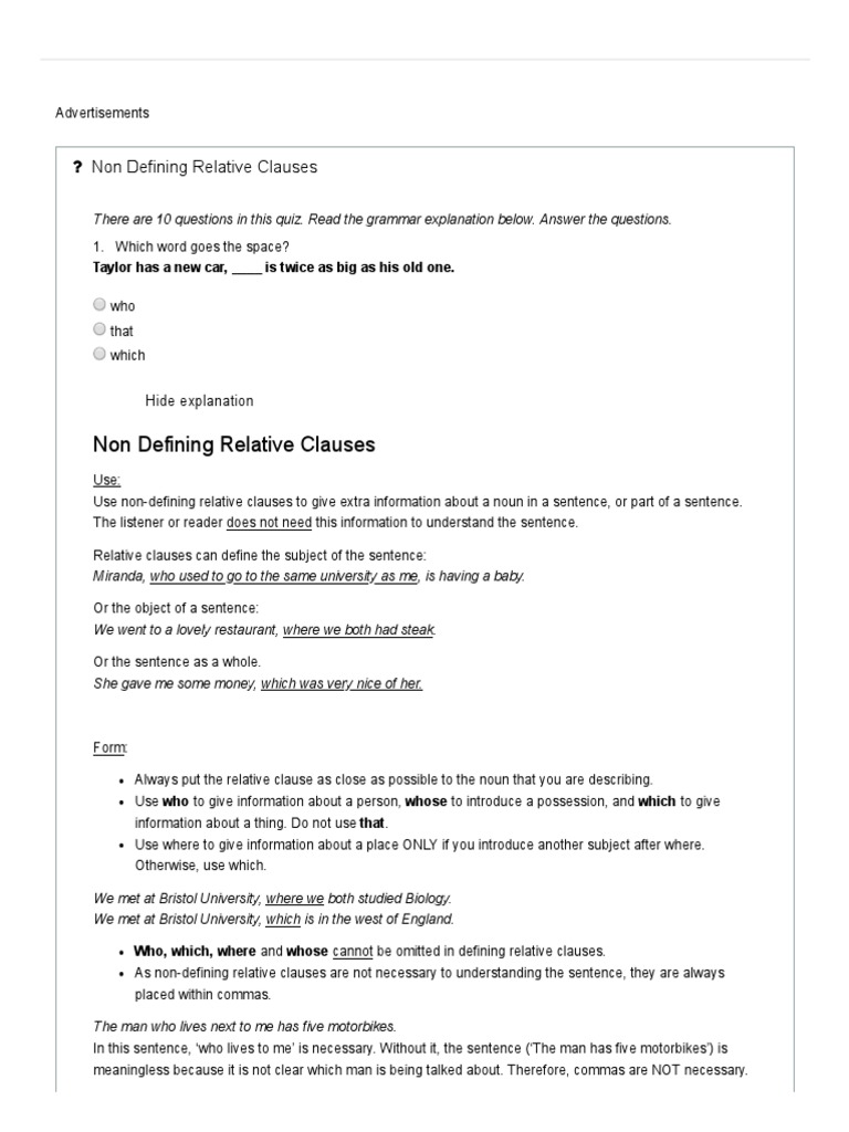 B2 Grammar - Non Defining Relative Clauses | PDF | Sentence ...