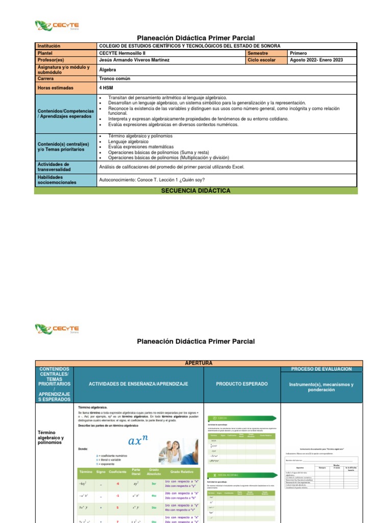 Planeacion Didáctica - Álgebra - 1er Parcial Vimj | PDF | Matemáticas | Matemática Elemental