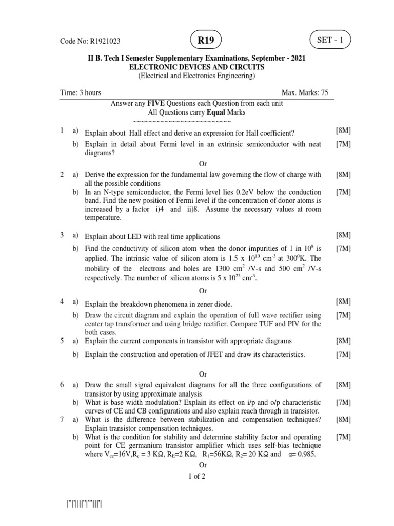 Electronic Devices and Circuits Sept 2021 | PDF | Semiconductors | Electrical Engineering