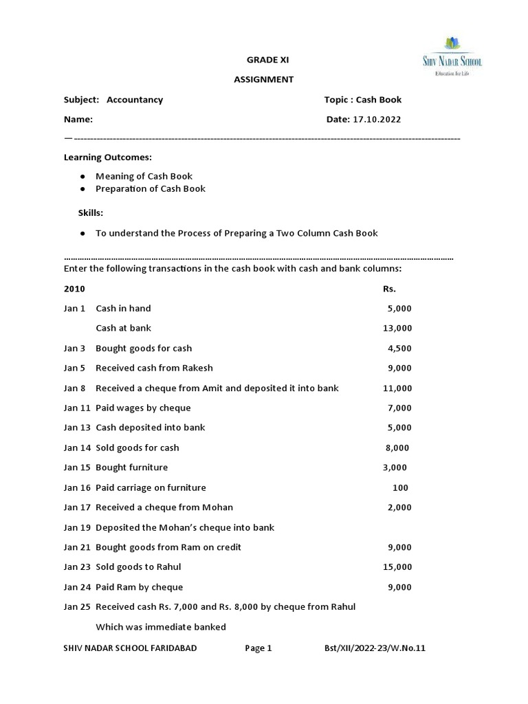 GRADE XI (Accounts) - Cash Book | PDF | Cheque | Banks
