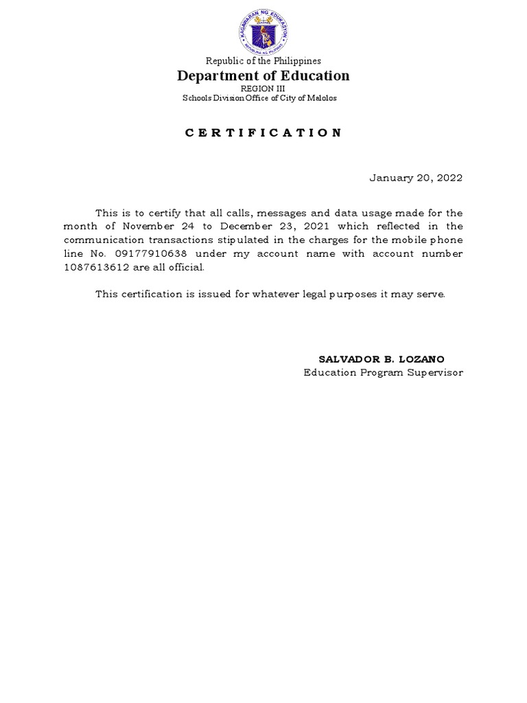 Certification Communication Expenses | PDF