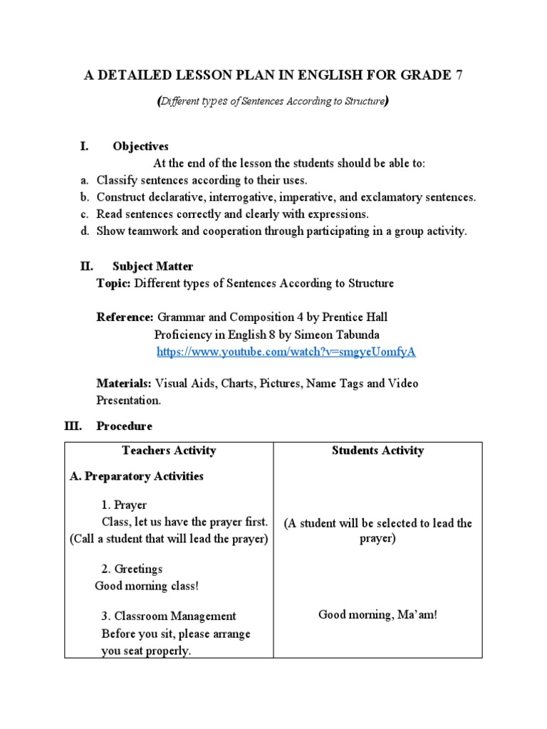 Grade 7 English Lesson on Types of Sentences | PDF | Question | Sentence (Linguistics)