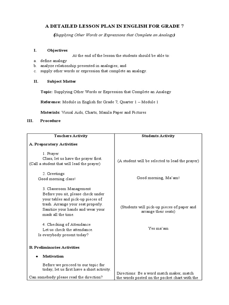 Detailed Lesson Plan 1 Analogy | PDF | Analogy | Lesson Plan