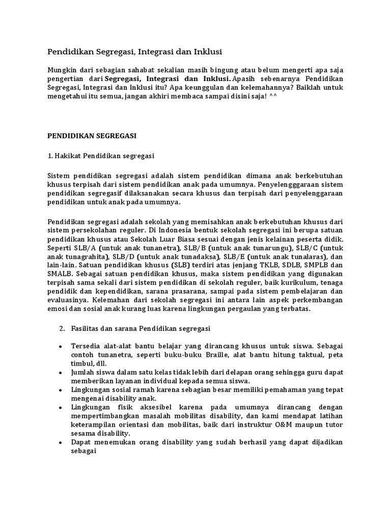Segregasi, Integrasi, dan Inklusi Pendidikan | PDF