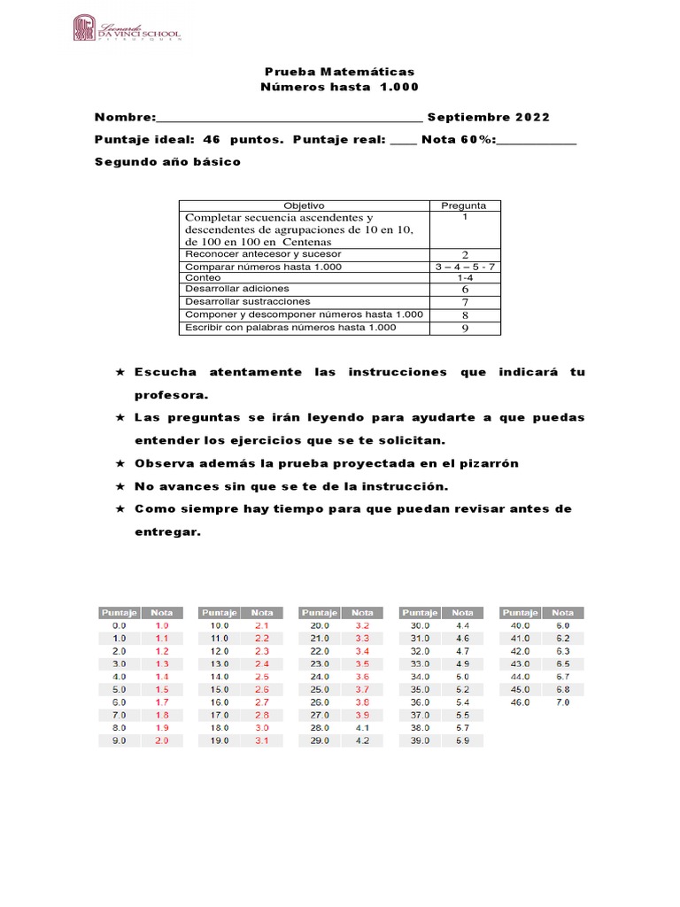 Prueba de Matemáticas: Números hasta 1000 | PDF | Crecimiento personal ...