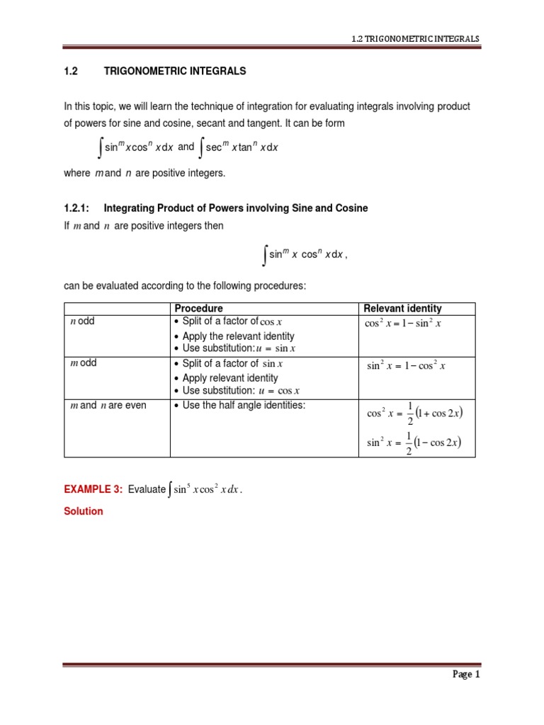 Mat435 Chapter 1 Trigonometric Integrals | PDF | Trigonometric ...