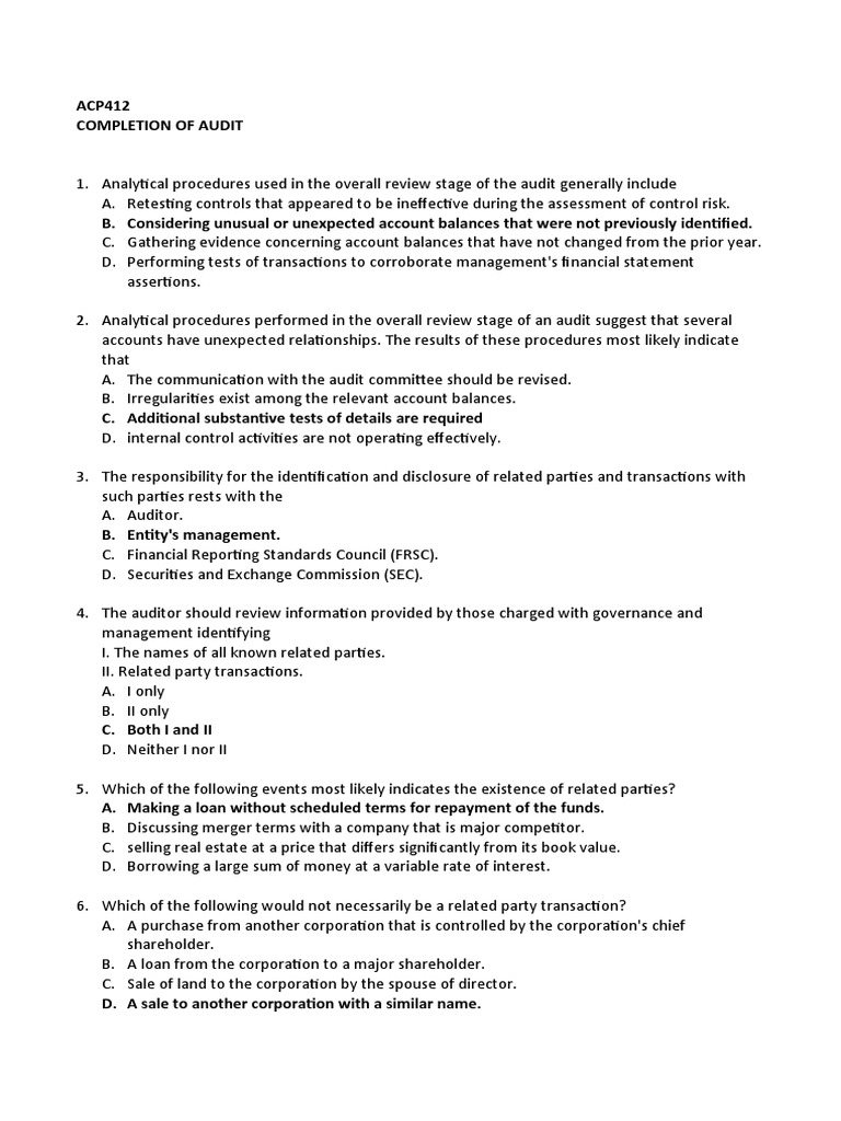 Completion of Audit Quiz ANSWER | PDF | Going Concern | Financial Audit