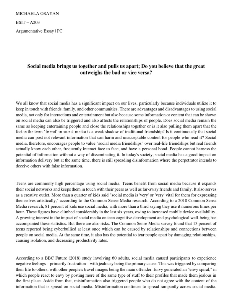 Osayan - Argumentative Essay - PC | PDF | Social Media | Popular ...