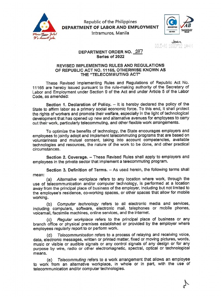 DOLE - Department Order No. 237 Series of 2022 | PDF