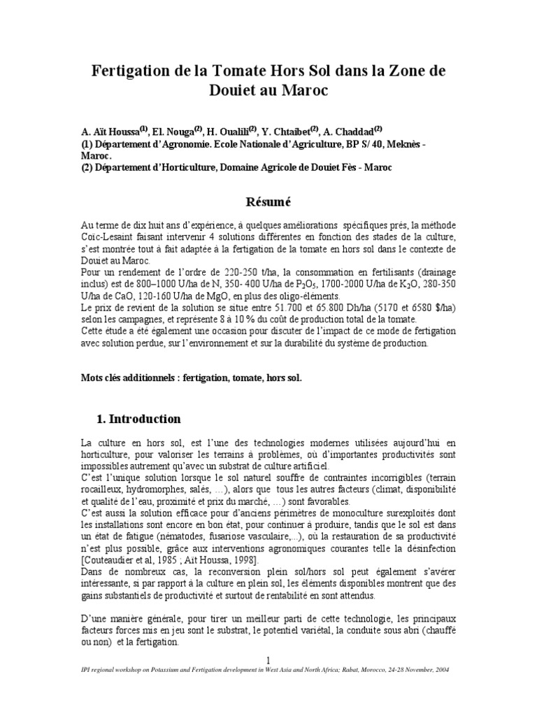 Fertigation de La Tomate Hors Sol Dans La Zone de Douiet Au Maroc | PDF ...
