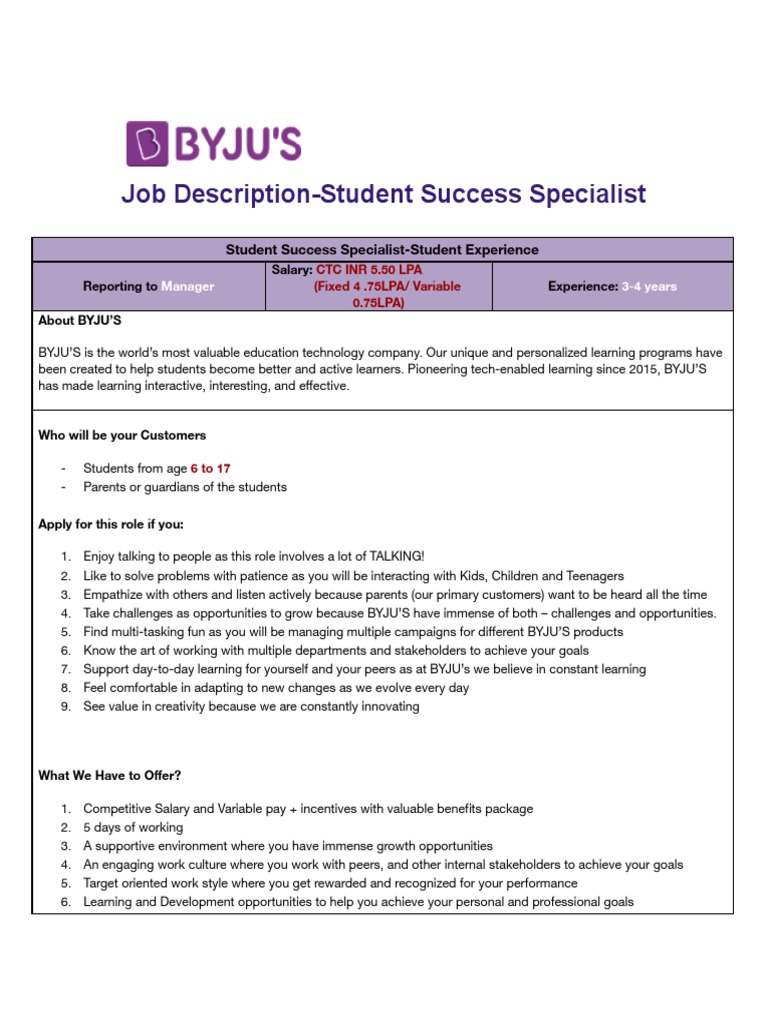 Byjus Student Specialist | PDF | Learning | Educational Technology