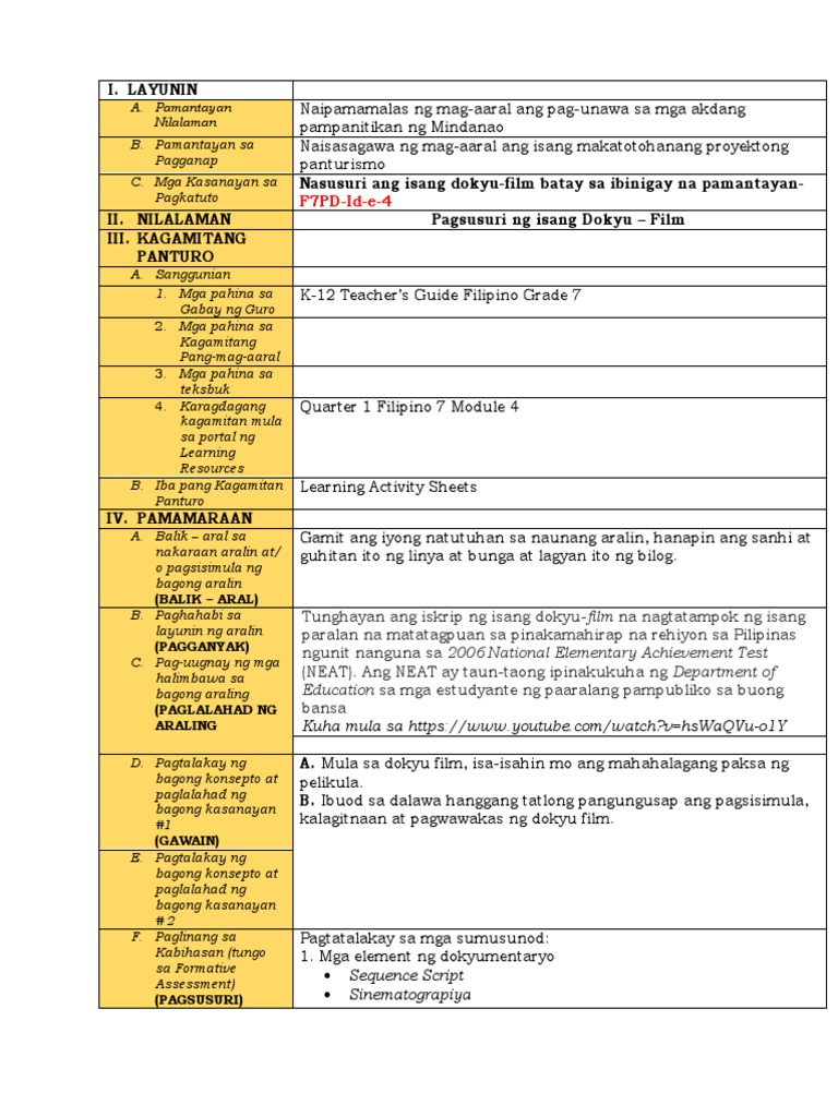 Banghay Aralin Dokyu Film | PDF