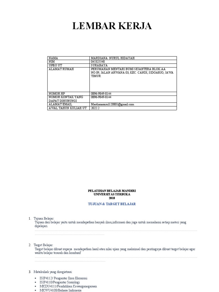 Rencana Belajar Mandiri Mahasiswa UT | PDF