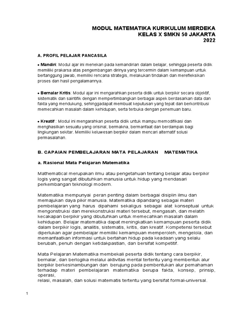 Isi Modul Matematika Kurikulum Merdeka Kls X SMT 1 | PDF