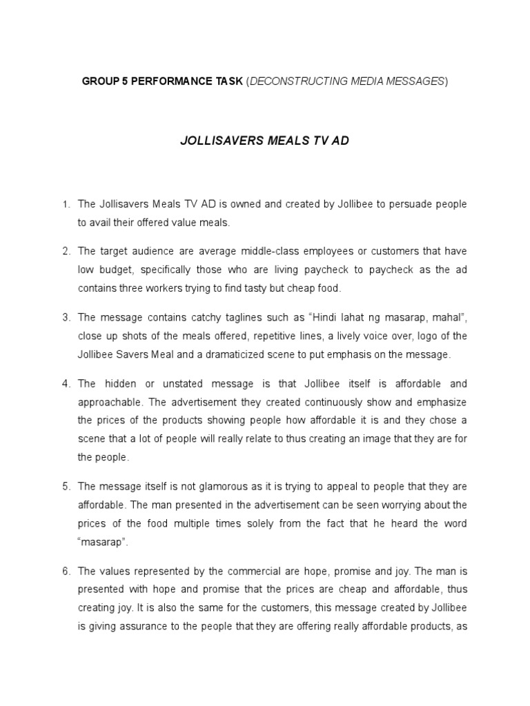 Group 5 Performance Task (Deconstructing Media Messages) | PDF ...
