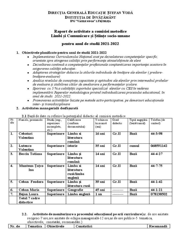 D G E Ş V I Raport de Activitate A Comisiei Metodice Limbi Și Comunicare Și Științe Socio-Umane ...