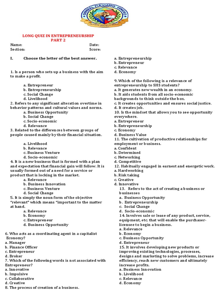 Entrepreneurship Quiz for Students | PDF | Marketing | Bookkeeping