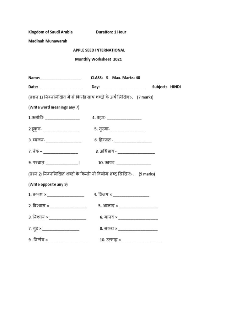 Grade 5 Hindi Worksheet | PDF