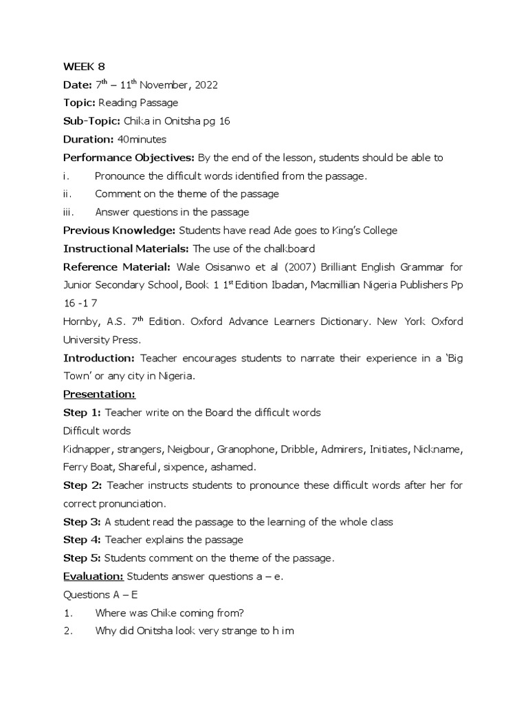 Week 8 Lesson Note | Download Free PDF | Noun | Verb