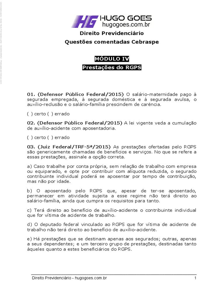 Questões de Direito Previdenciário RGPS | PDF | Bem-estar social | Morte