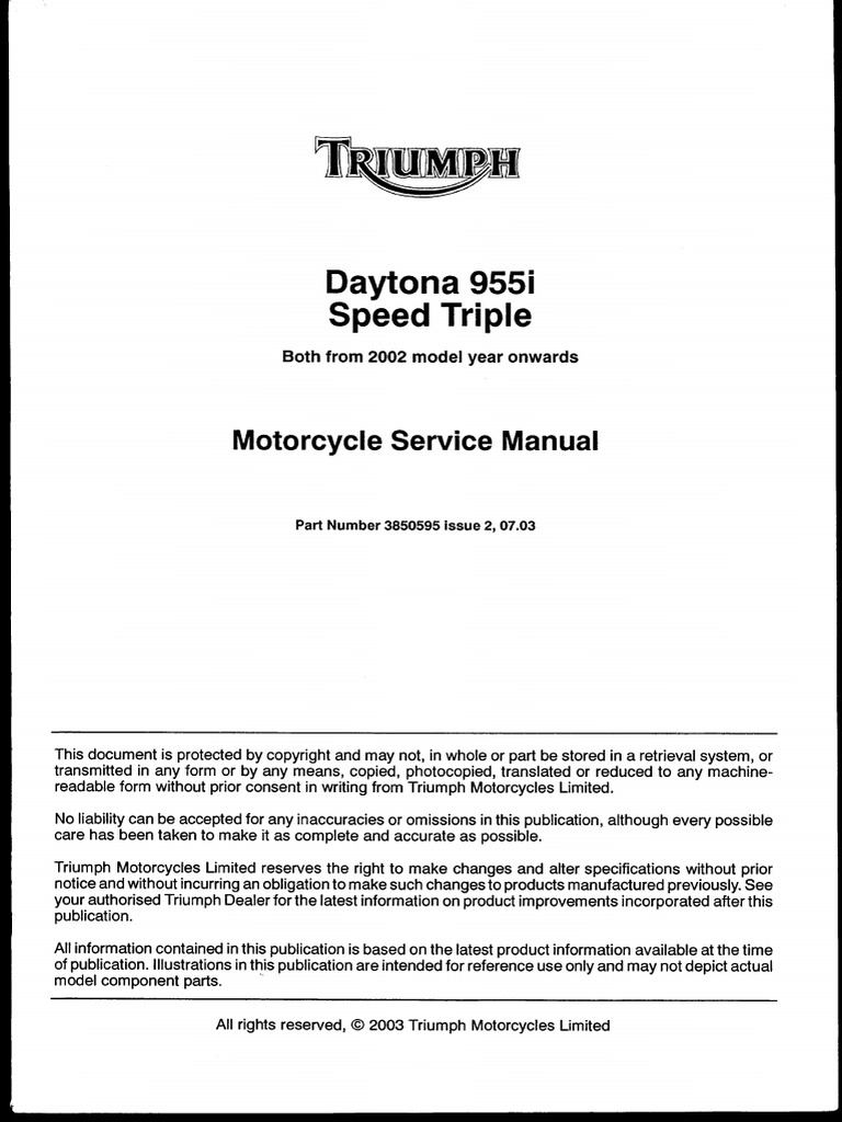 Motorcycle Service Manual Triumph Daytona 955i Speed Triple | PDF