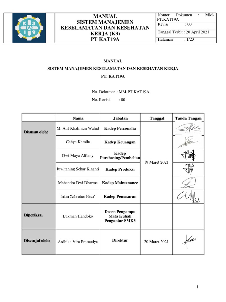 Dokumen SMK3 PT KAT19A Kelas K3-4A | PDF