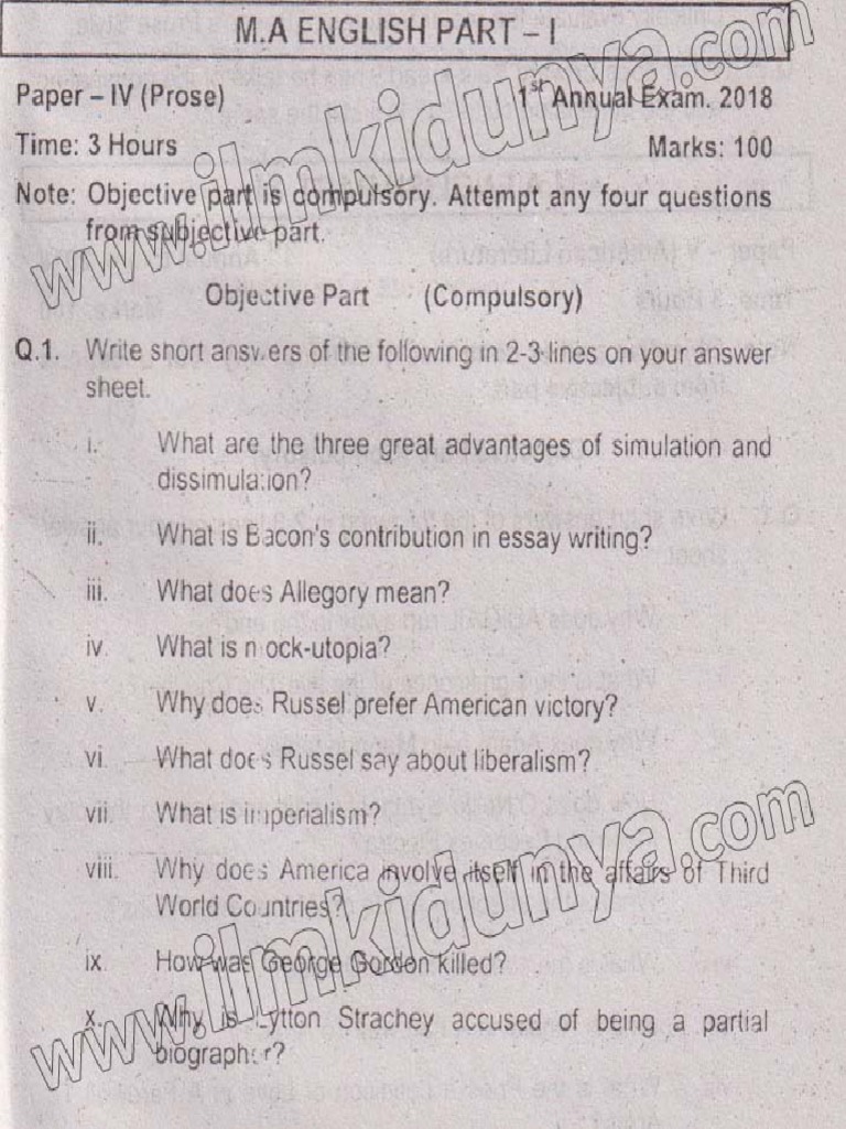 Past Paper MA Part I Sarghoda University English Prose Objective 2018 | PDF