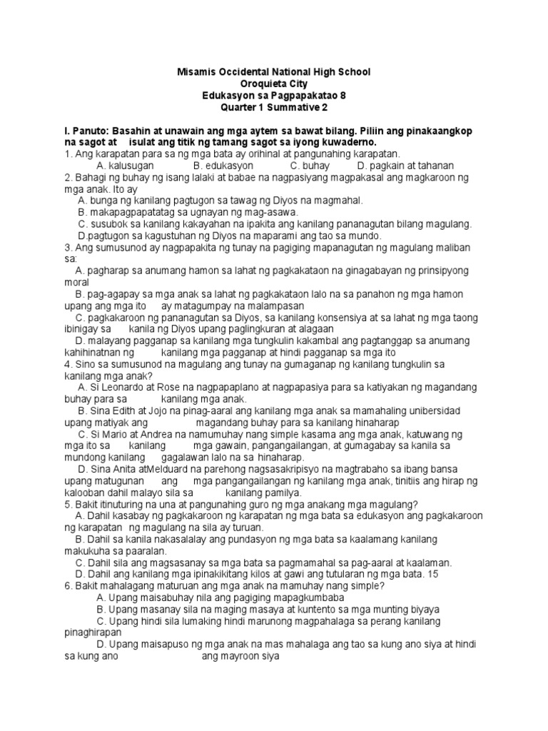 ESP 8 Q1 Summative 2 | PDF