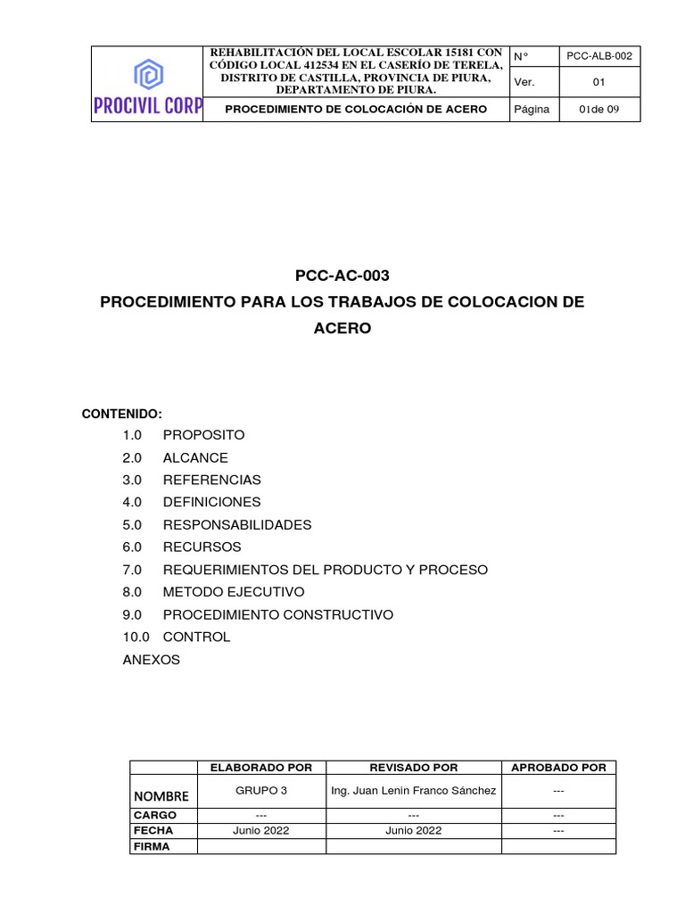 PCC-ACE-003 - Colocación de Acero | PDF | Acero | Hormigón