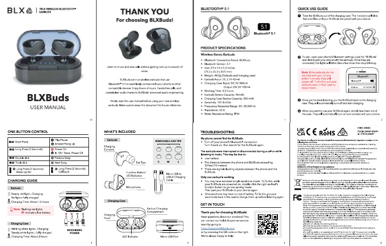 BLX BLXBuds Wireless Bluetooth Earbuds Users Manual EN | PDF