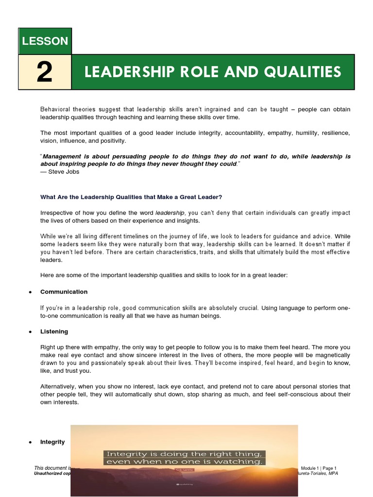 Leadership Role and Qualities: Lesson | PDF | Leadership | Cognitive ...