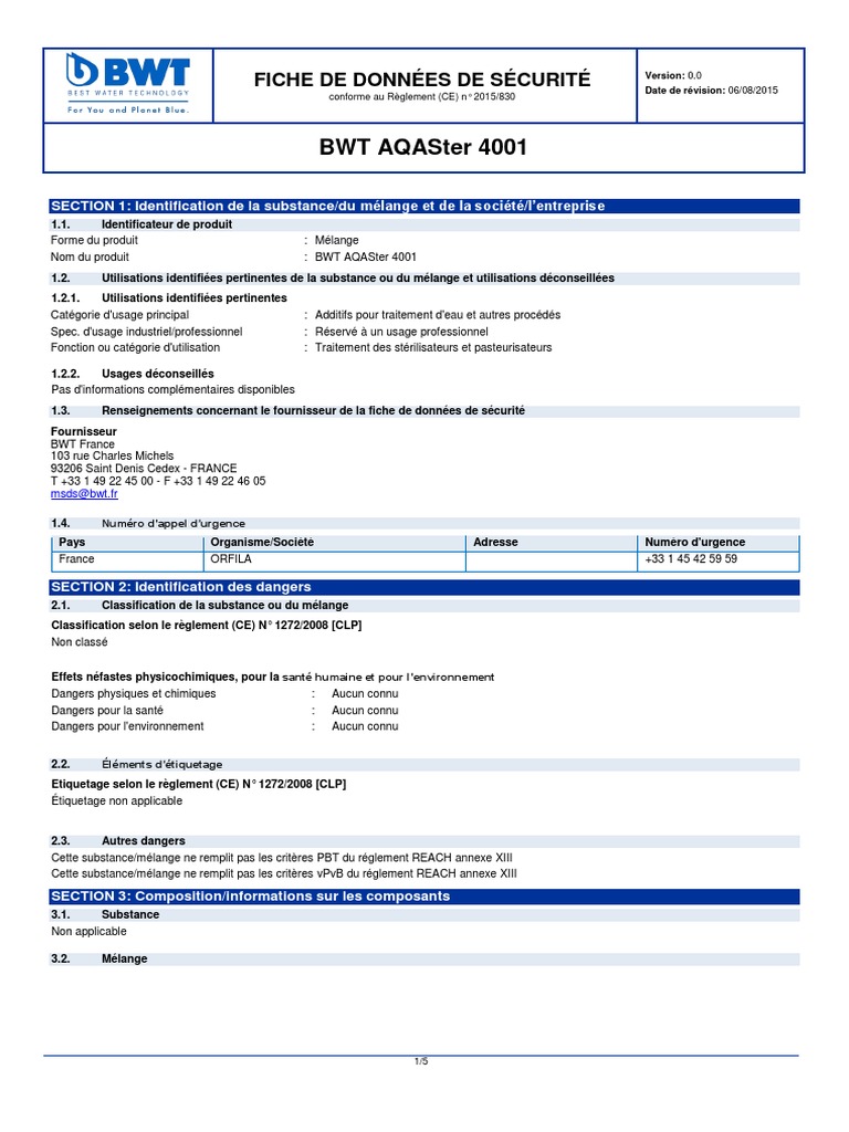 Sds BWT Aqaster 4001 (v0 060815) - FR - FR | PDF | Toxicologie | Chimie