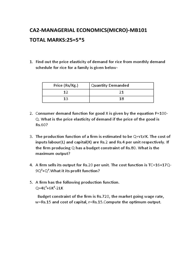 Ca2-Mba 1ST Sem-Managerial Economics-2021 | PDF