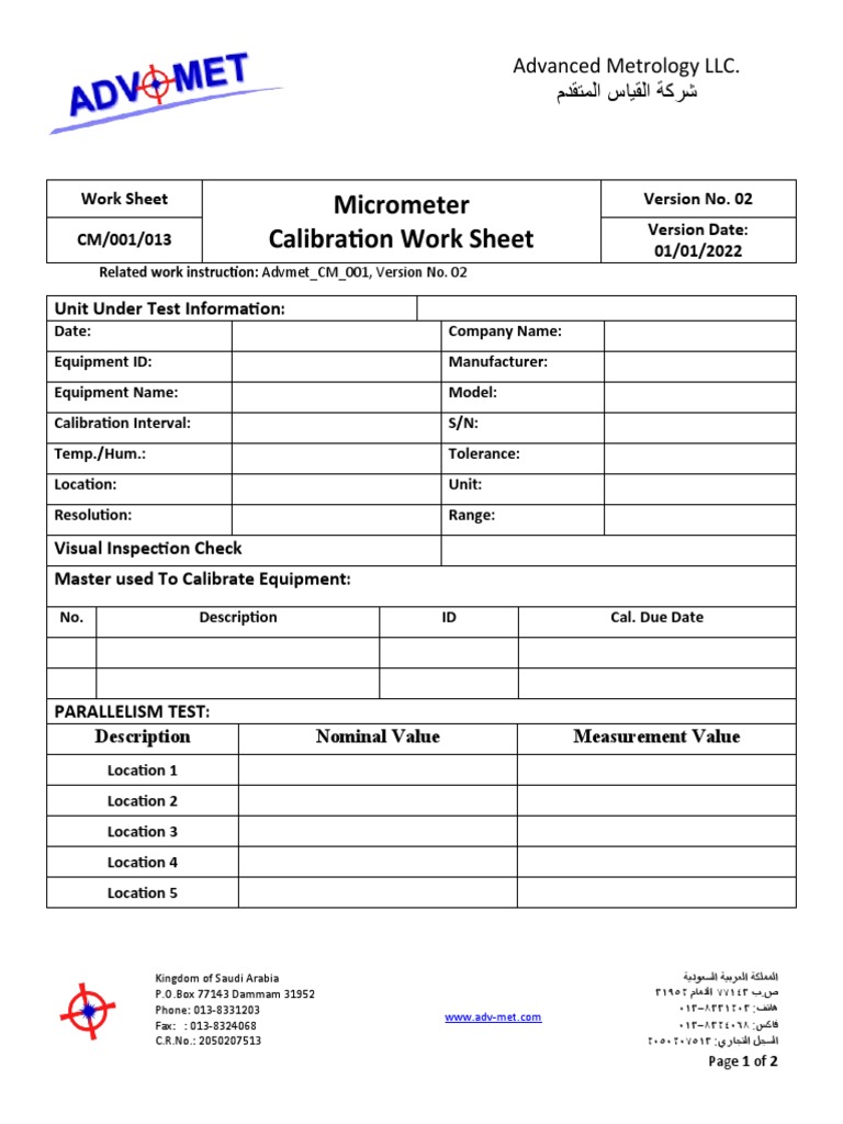 CM-001-013 Micrometer Calibration Work Sheet | PDF | Calibration ...