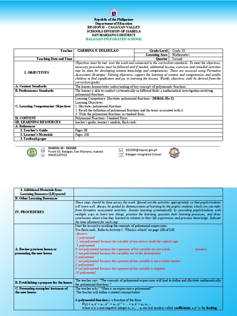 DLL Math 10 Q2 D1 | PDF | Polynomial | Learning