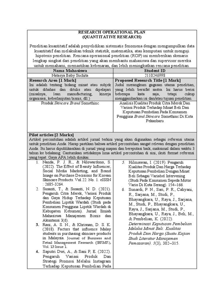 RESEARCH OPERATIONAL PLAN-Natasya Baby Suchita 2110246998 | PDF