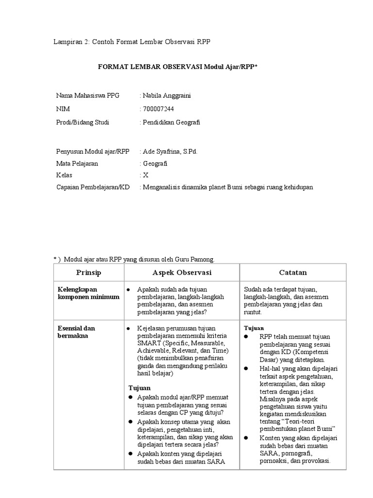 Lampiran 2 - Contoh Format Lembar Observasi RPP | PDF | Karier & Perkembangan