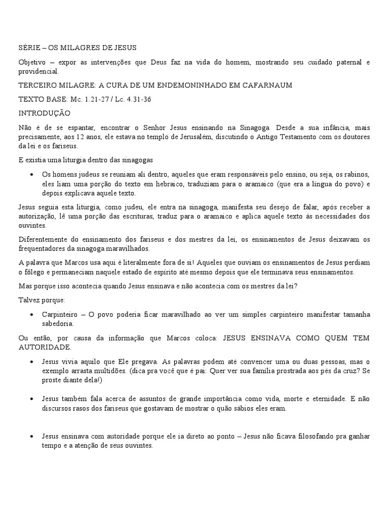 Cura do Endemoniado em Cafarnaum | PDF | Jesus | Evangelho de Marcos