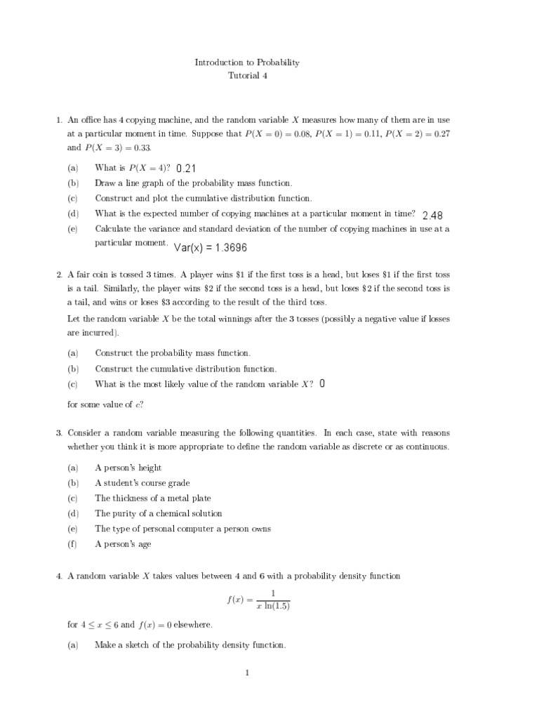 Tutorial 4 | PDF | Random Variable | Probability Distribution